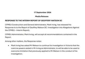 Media Release – Response to Geoffrey Watson Interim Report | CFMEU